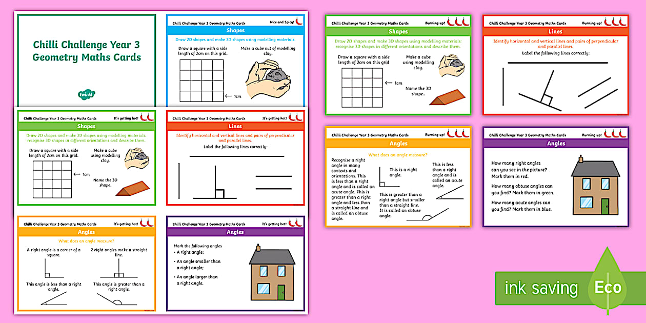 Year 3 Maths Geometry Chilli Challenge Cards - Twinkl