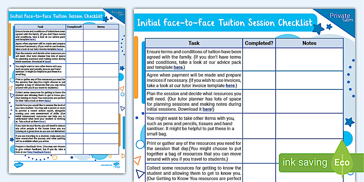 Initial Face-to-Face Tuition Session Checklist - Twinkl
