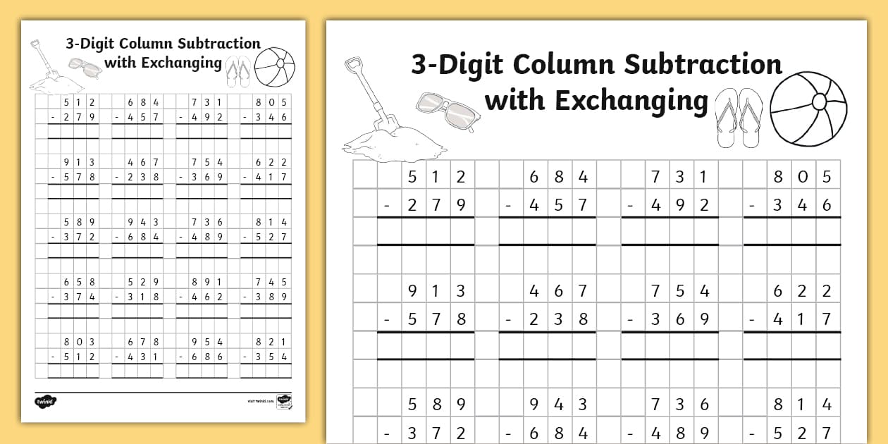 Summer-Themed 3-Digit Subtraction with Exchanging Activity