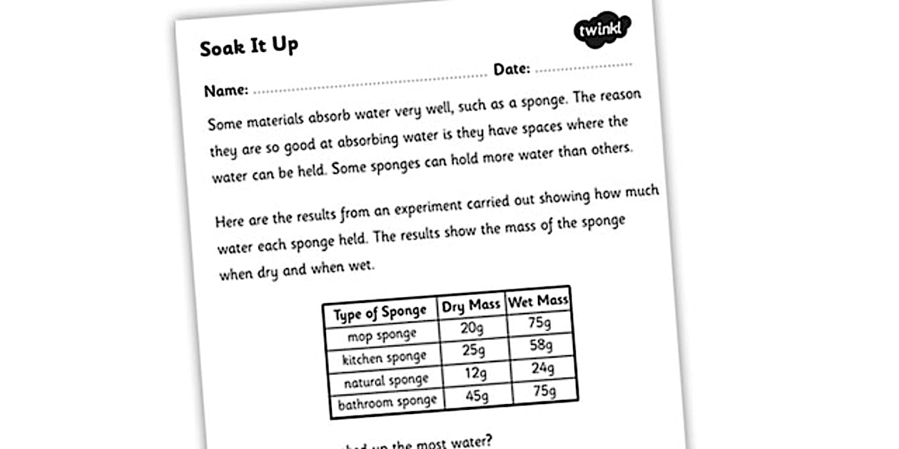 Soak It Up Worksheet | Materials that Absorb Water Worksheet