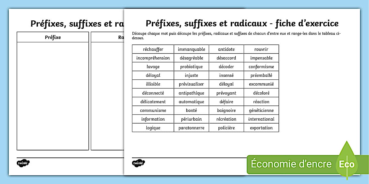 Préfixes, suffixes et radicaux - fiche d'exercice - Twinkl