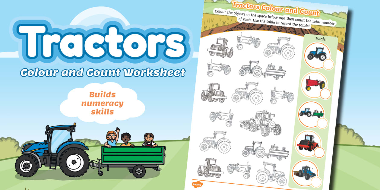 Tractors Colour and Count Worksheet