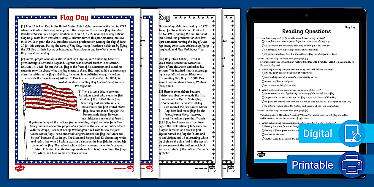 Sixth Grade Flag Day Comprehension Craft & Structure Act.