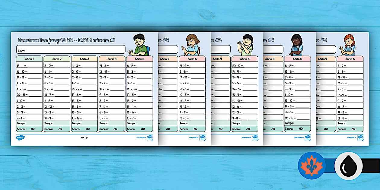 Subtraction to 20 - 1 Minute Challenge French (teacher made)