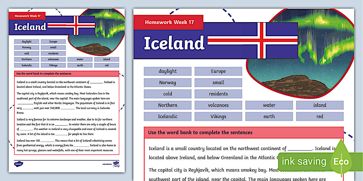Cloze Procedure Homework Week 17 Iceland 3rd/4th Class