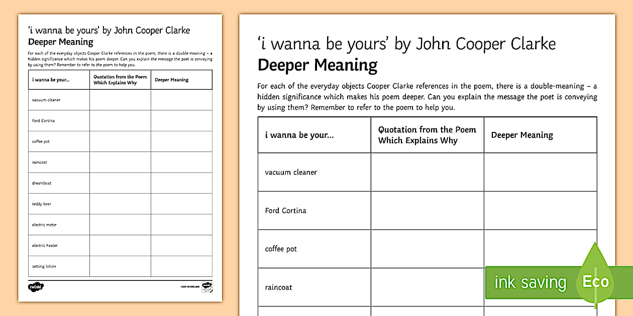 GCSE 'i wanna be yours' by John Cooper Clarke Deeper Meaning Worksheet