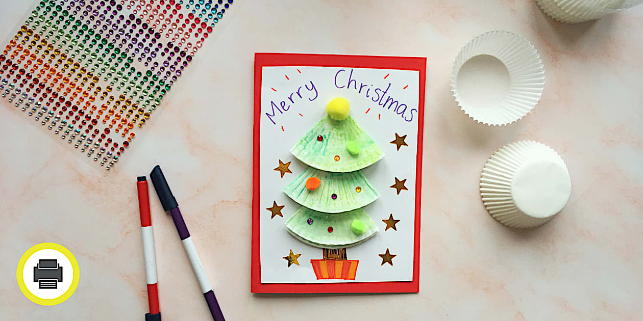 Cupcake Case Christmas Tree Card Craft Instructions - Twinkl