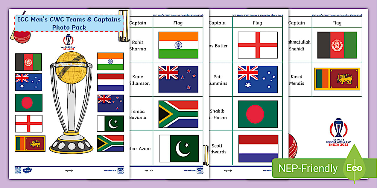 FREE! - ICC Men's CWC Teams Flags & Captains - Photo Pack