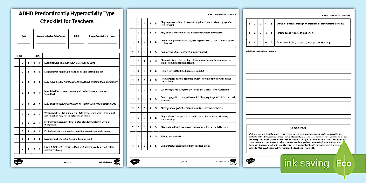 ADHD Checklist for Teachers (Australia) (teacher made)