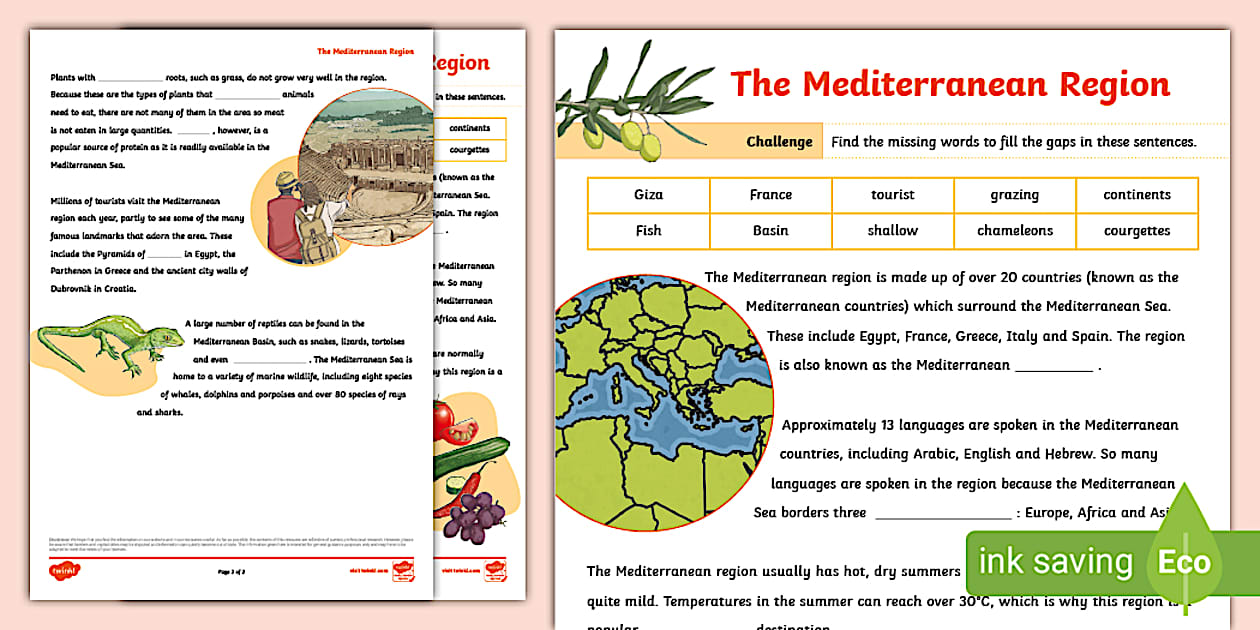The Mediterranean Region Cloze Activity - KS2 - Twinkl