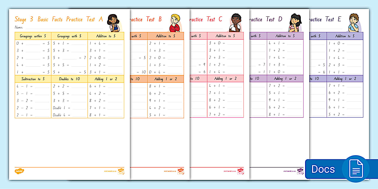 Stage 3 Basic Facts Practice Tests (teacher made) - Twinkl