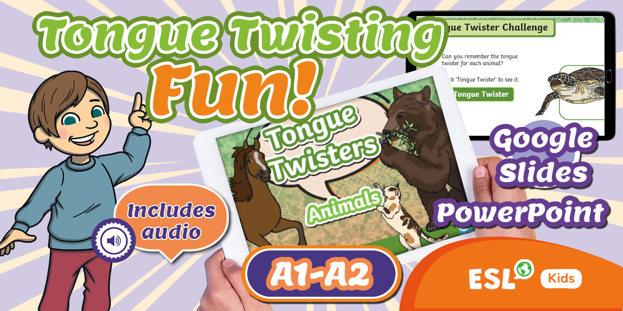 ESL Animal Tongue Twisters for Kids PowerPoint with Audio