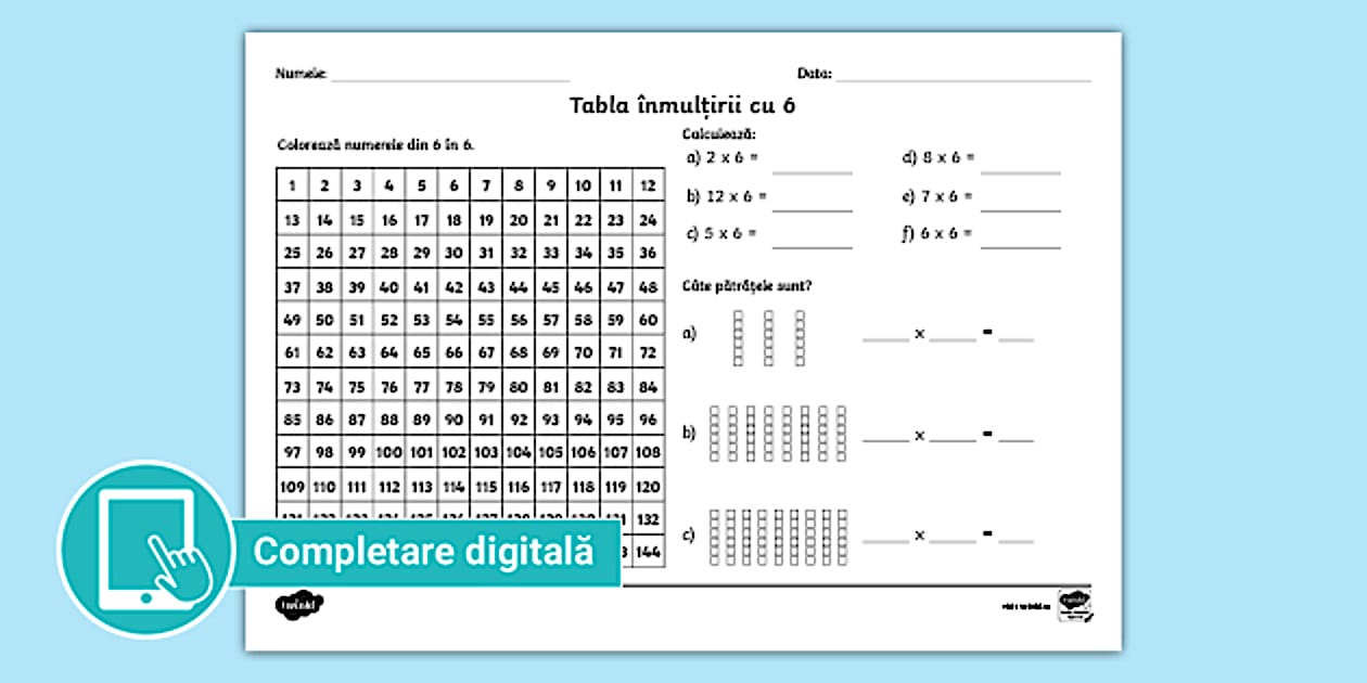 Tabla înmulțirii cu 6 - Fișă de lucru - Twinkl
