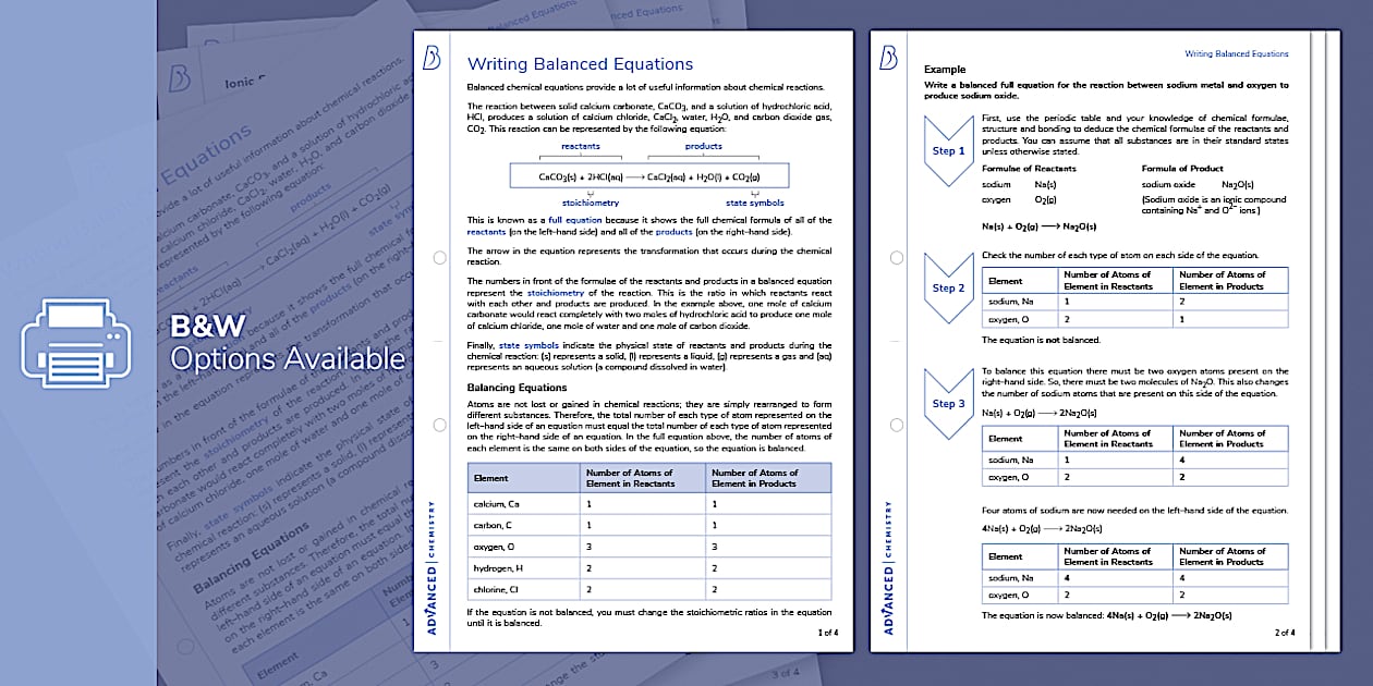 Writing Balanced Equations Resource Pack (teacher made)