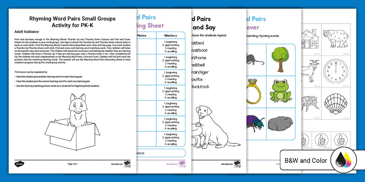Rhyming Word Pairs Small Groups Activity for PK-K - Twinkl