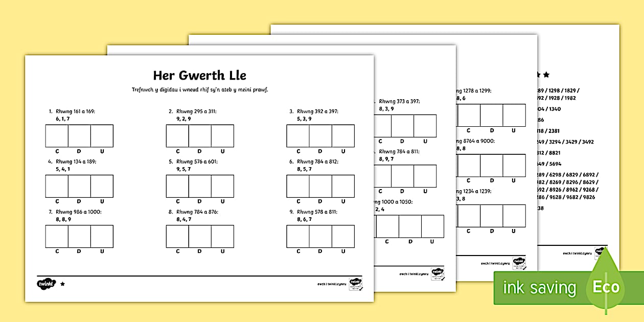 Taflen Weithgaredd Gwahaniaethol Her Gwerth lle - Twinkl