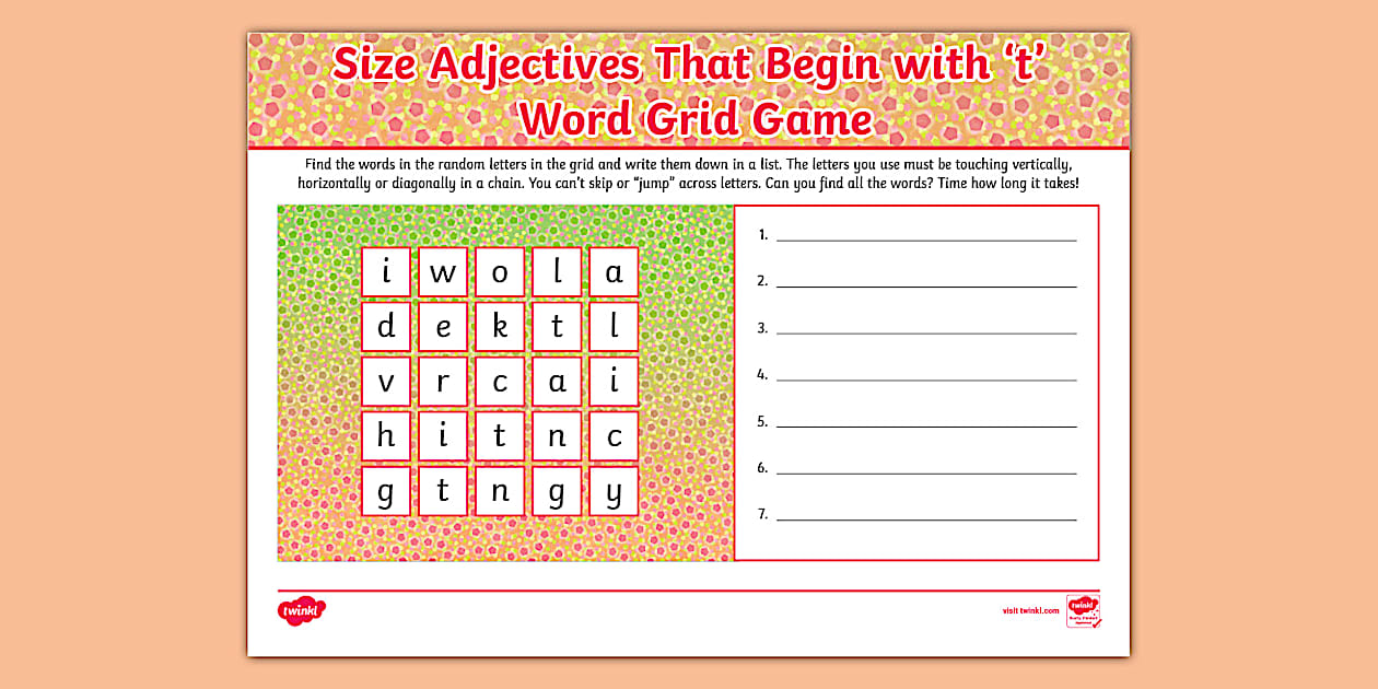 Size Adjectives That Begin with 't' Word Grid Game
