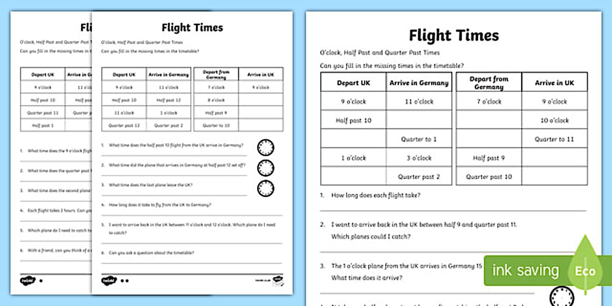 Middle Ability KS1 Time Worksheet Pack Flight Times - Twinkl