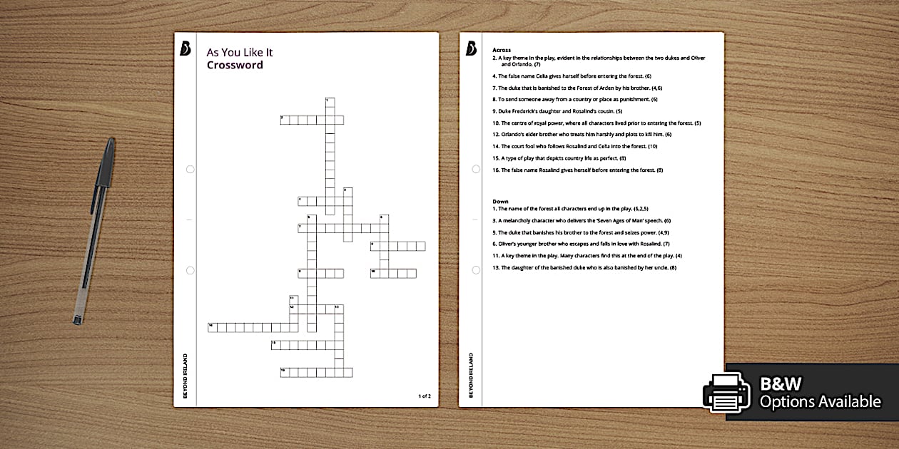 As You Like It Crossword (teacher made) - Twinkl