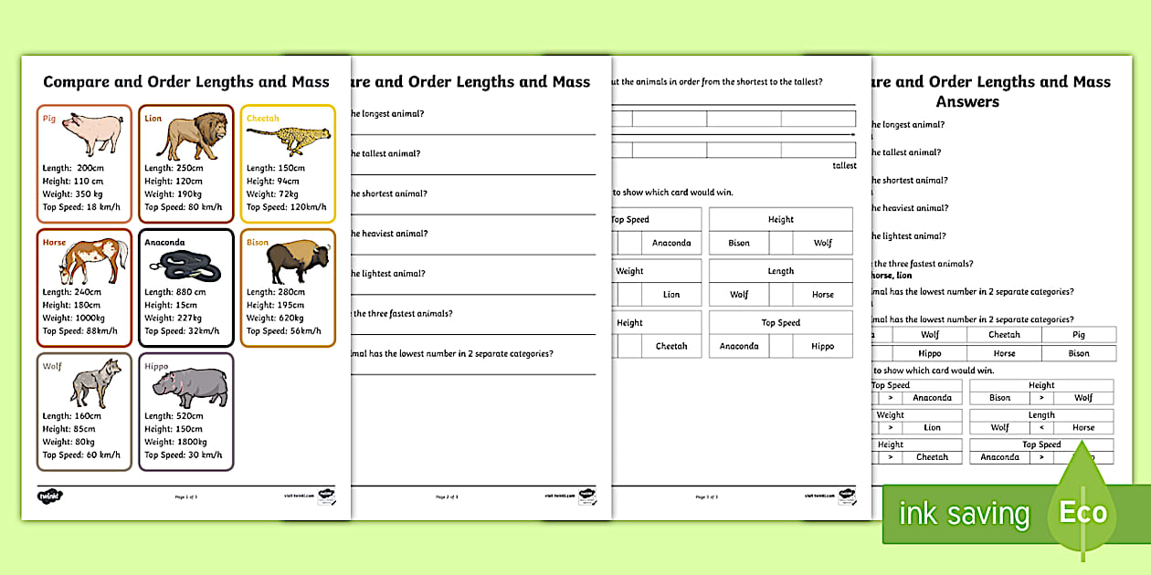 Compare and Order Lengths and Mass Worksheet / Worksheet