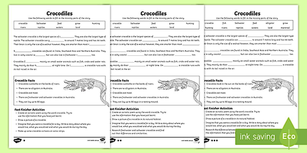Editable F-2 Australian Animals Crocodiles Differentiated Worksheets