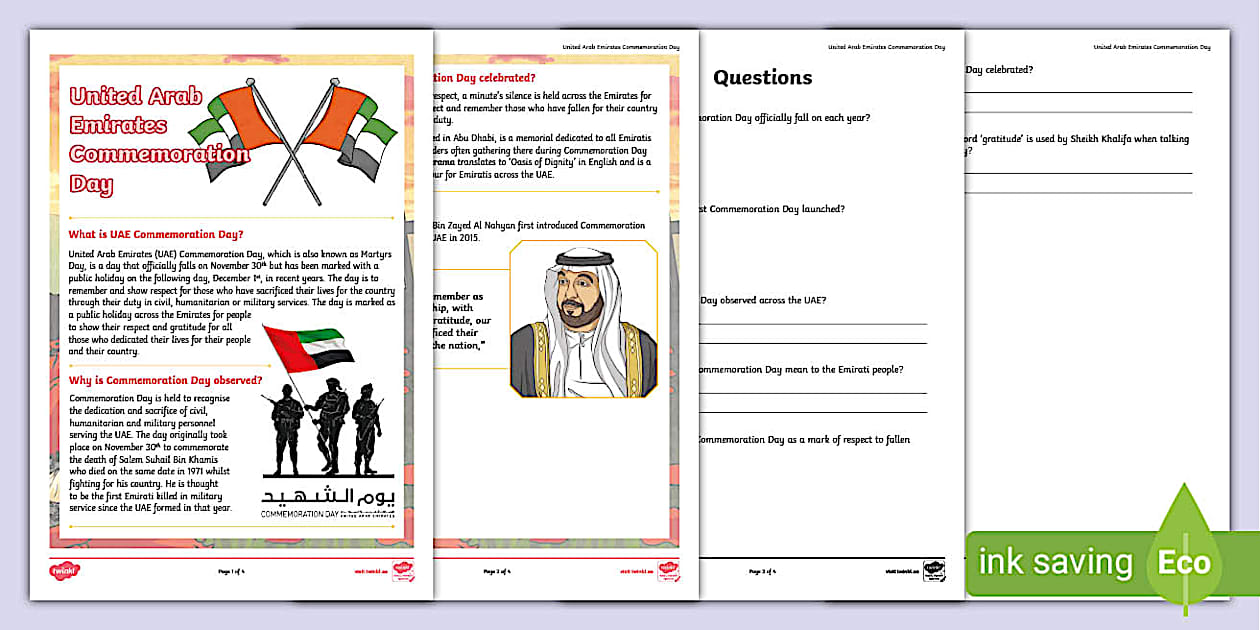 UAE Commemoration Day Reading Comprehension (teacher made)