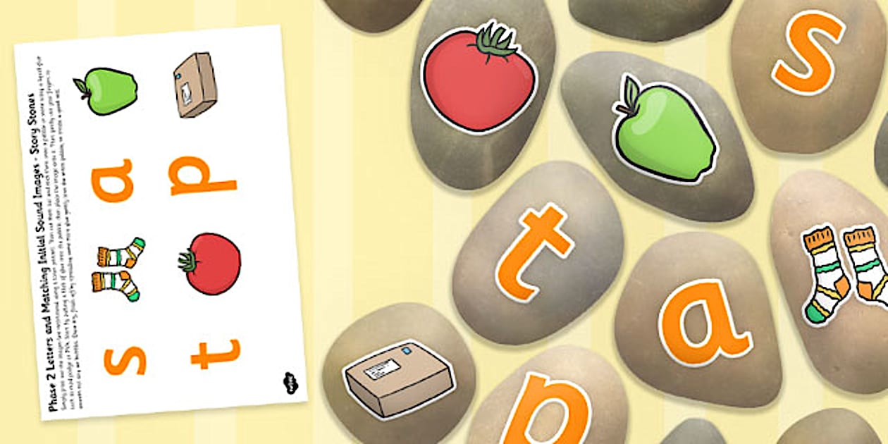 Cursive Phase 2 Letters and Matching Initial Sound Images Stone Cut Outs