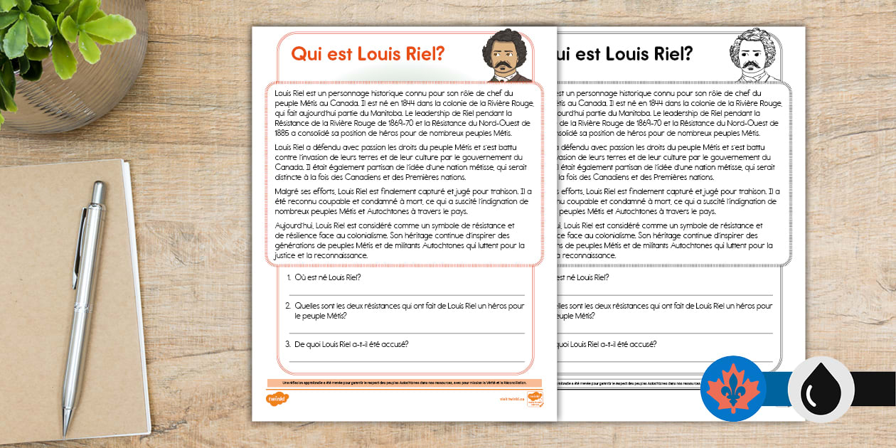 All about Louis Riel Primary Reading Comprehension French