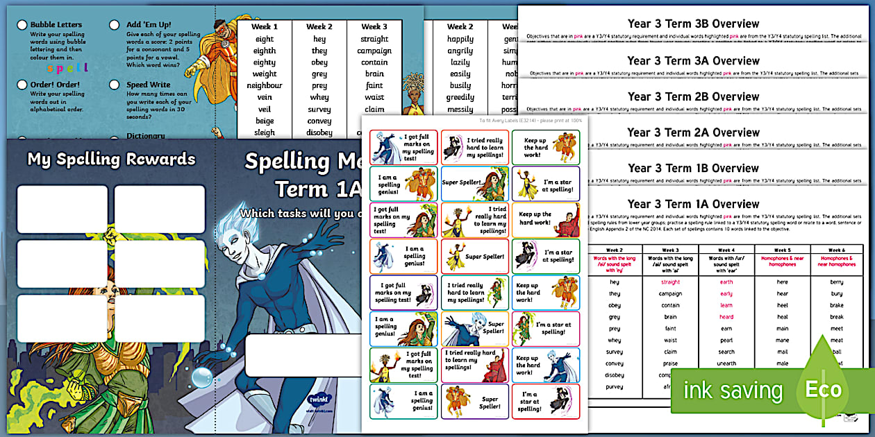 Editable Year 3 Superhero Themed Spelling Menu - Twinkl