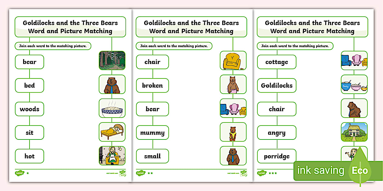 Editable Goldilocks and the Three Bears Word and Picture Matching Worksheet