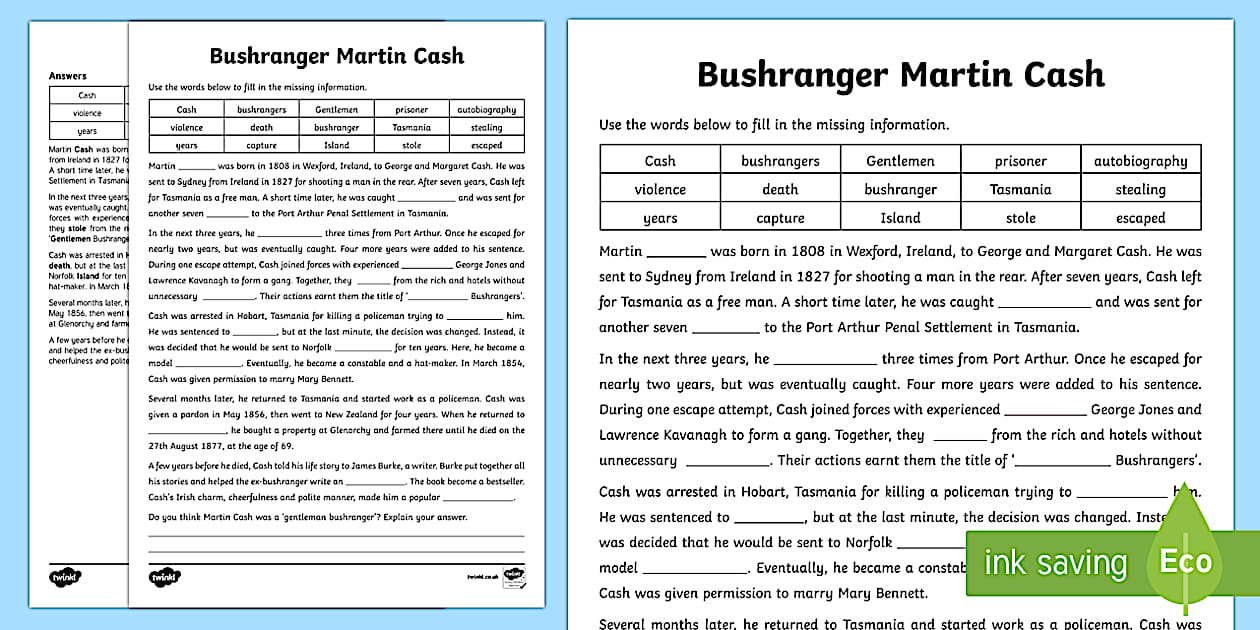 Bushranger Martin Cash Cloze Worksheet / Worksheet-Australia