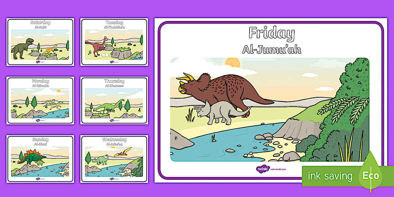 Dinosaur Themed Days of the Week Posters English/Arabic Phonics
