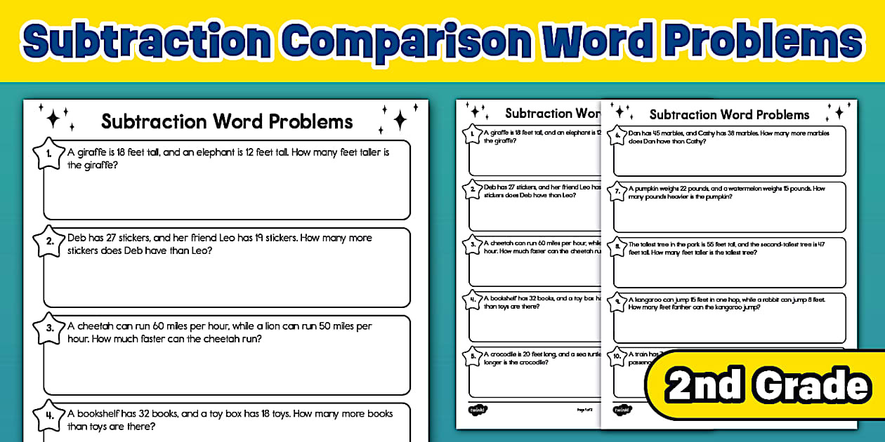 Second Grade Subtraction Comparison Word Problems Worksheet