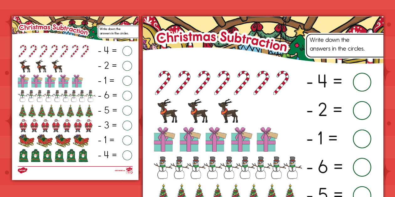 Christmas-Themed Subtraction to 10 Worksheet - Twinkl