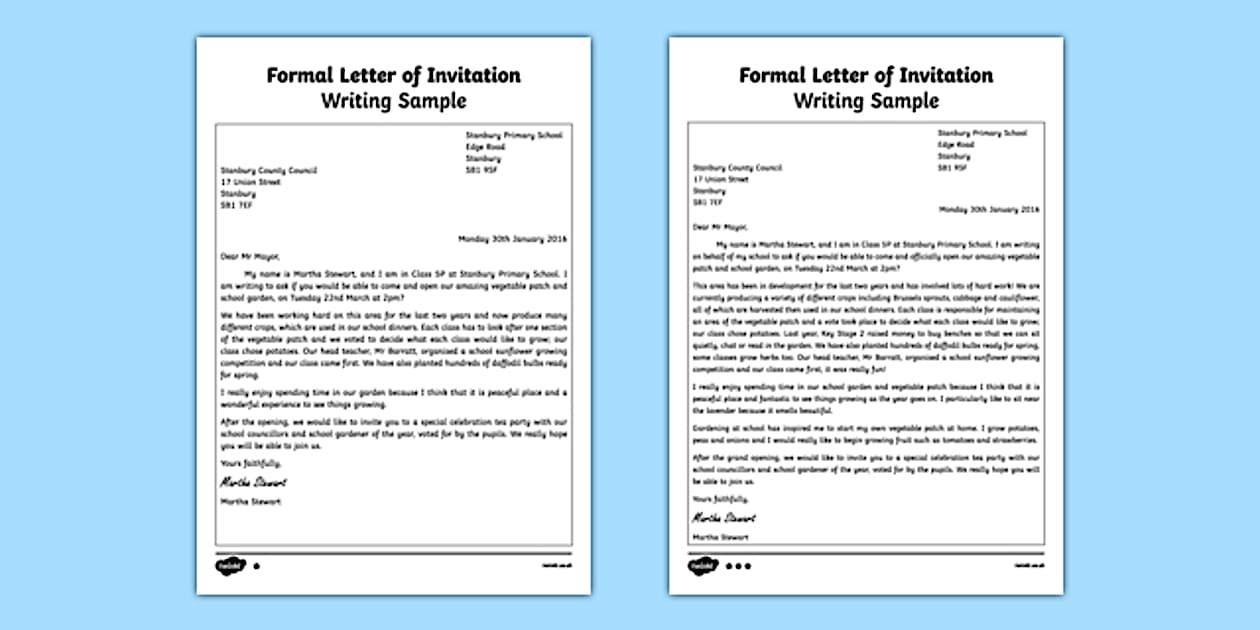 Formal Letter of Invitation Writing Sample (teacher made)