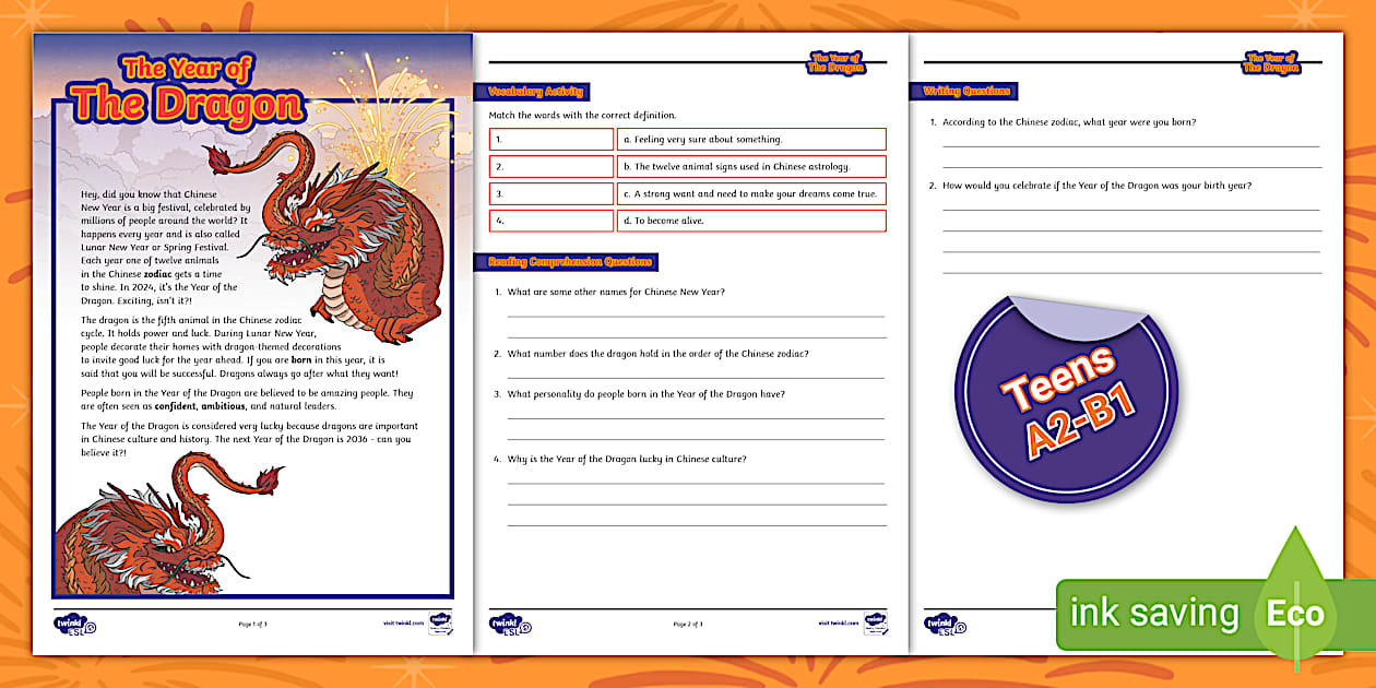 ESL Year of the Dragon Reading Comprehension [Teens, A2-B1]