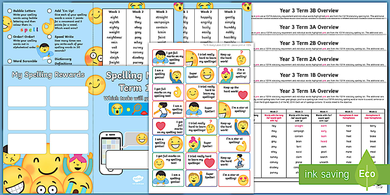Editable Year 3 Emoji Themed Spelling Menu Pack - Twinkl