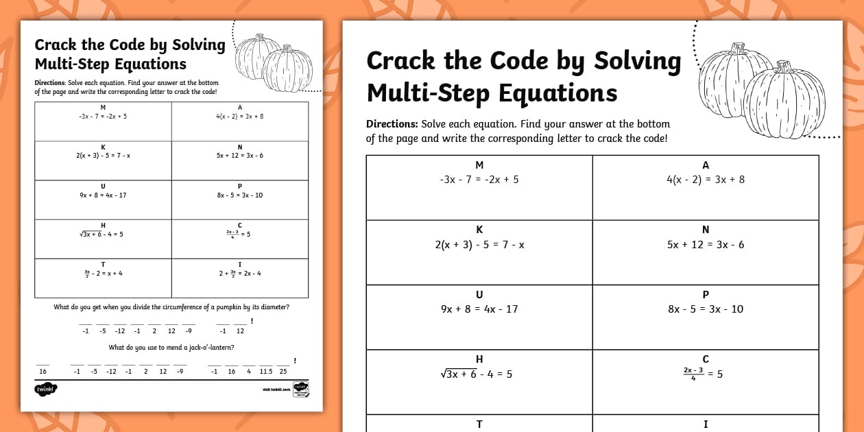 Eighth Grade Crack the Code by Solving Multi-Step Equations Pumpkin ...