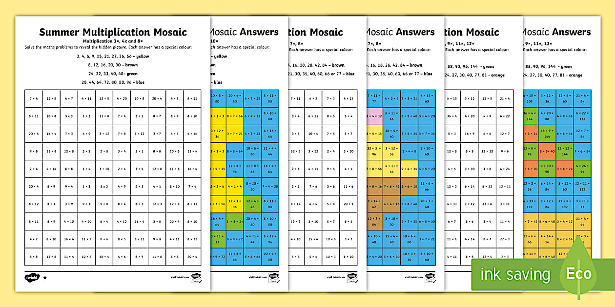 LKS2 Summer Multiplication Mosaics Differentiated Worksheet / Worksheets