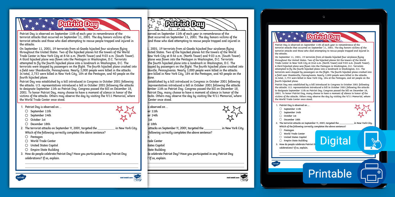 Sixth Grade Patriot Day Reading Passage Comprehension