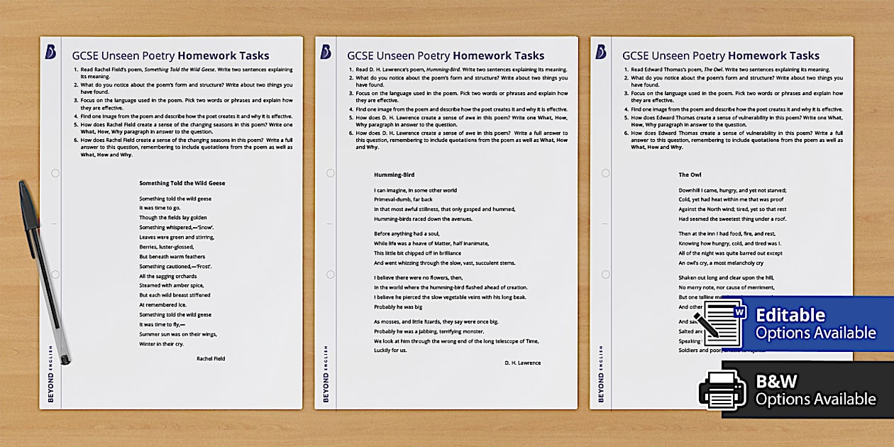 GCSE Unseen Poetry Homework Tasks Pack (teacher made)