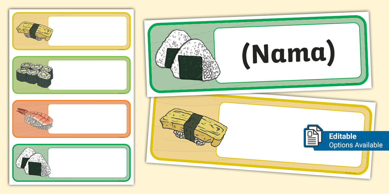 Template Label Nama Buku Pelajaran Bentuk Sushi - Twinkl
