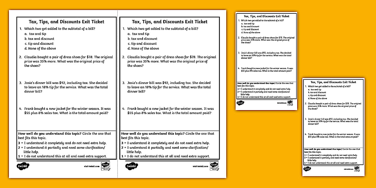 Seventh Grade Tax, Tips, and Discount Exit Ticket - Twinkl