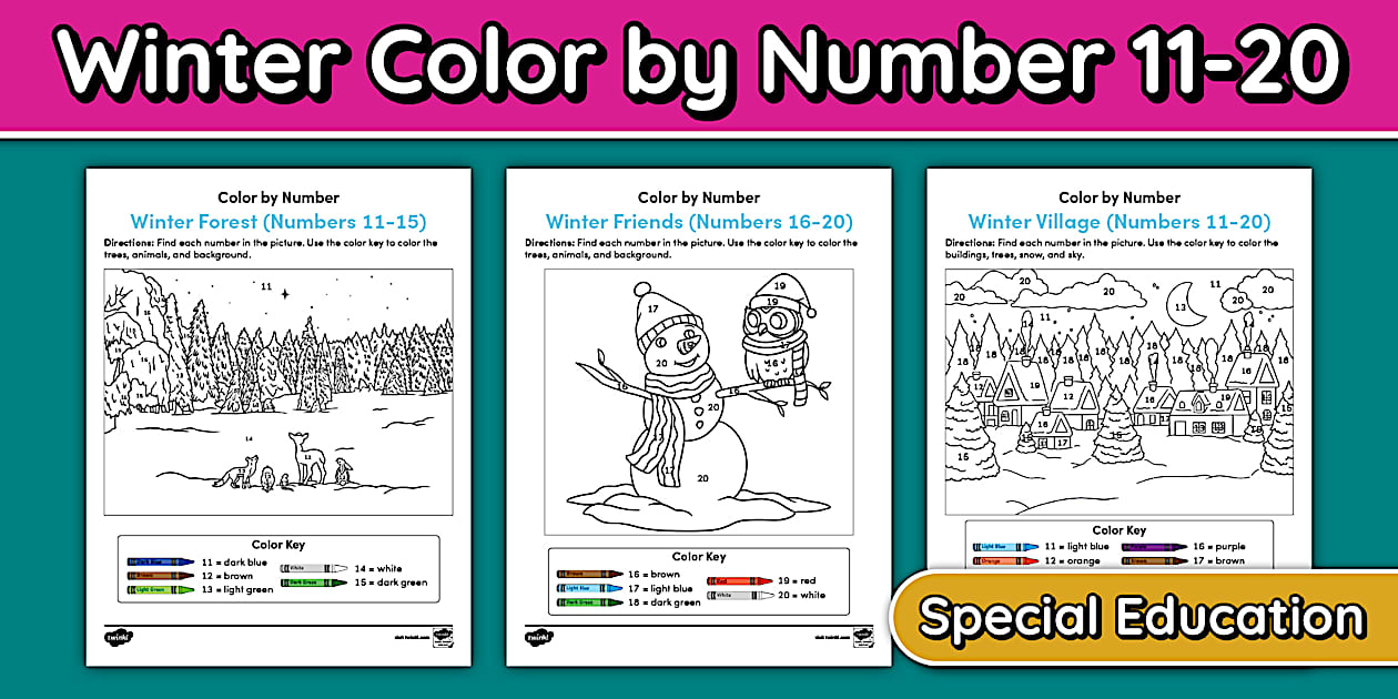 Winter Color By Number Worksheets 11-20 for Special Education
