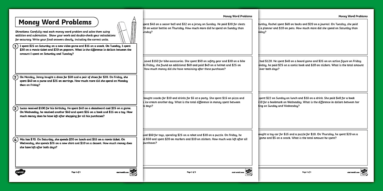 Money Word Problems Worksheet for 3rd-5th Grade - Twinkl