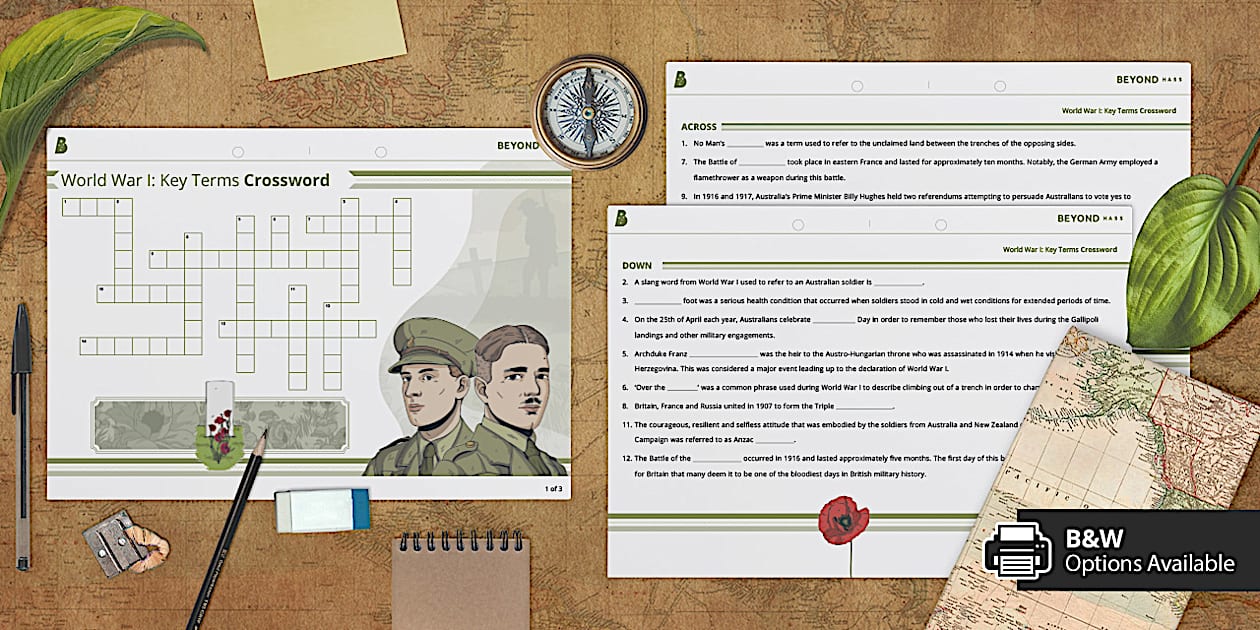 World War I: Key Terms Crossword (teacher made) - Twinkl