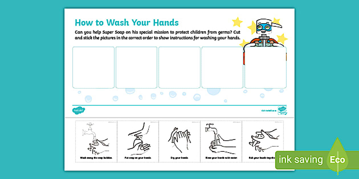 Washing Your Hands Super Soap Sequencing Worksheet - Twinkl