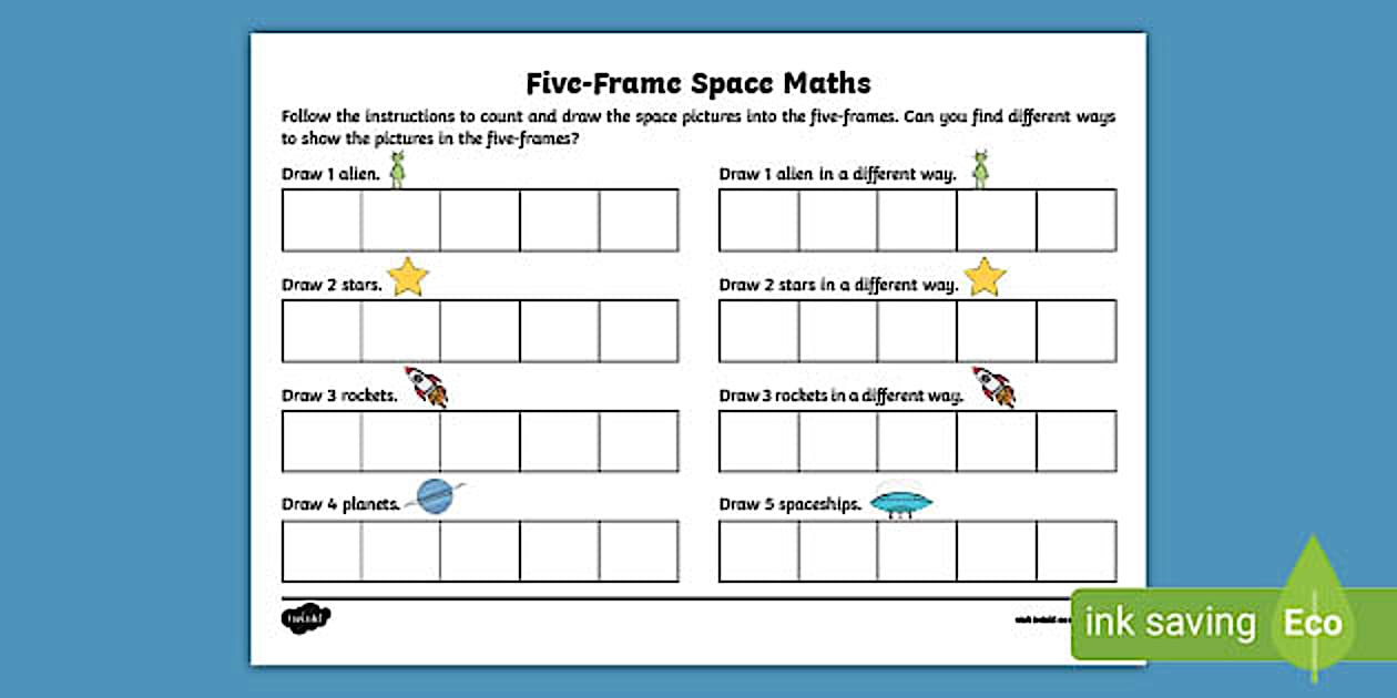 👉 Representing Numbers to 5 Five-Frame Space Maths Worksheet