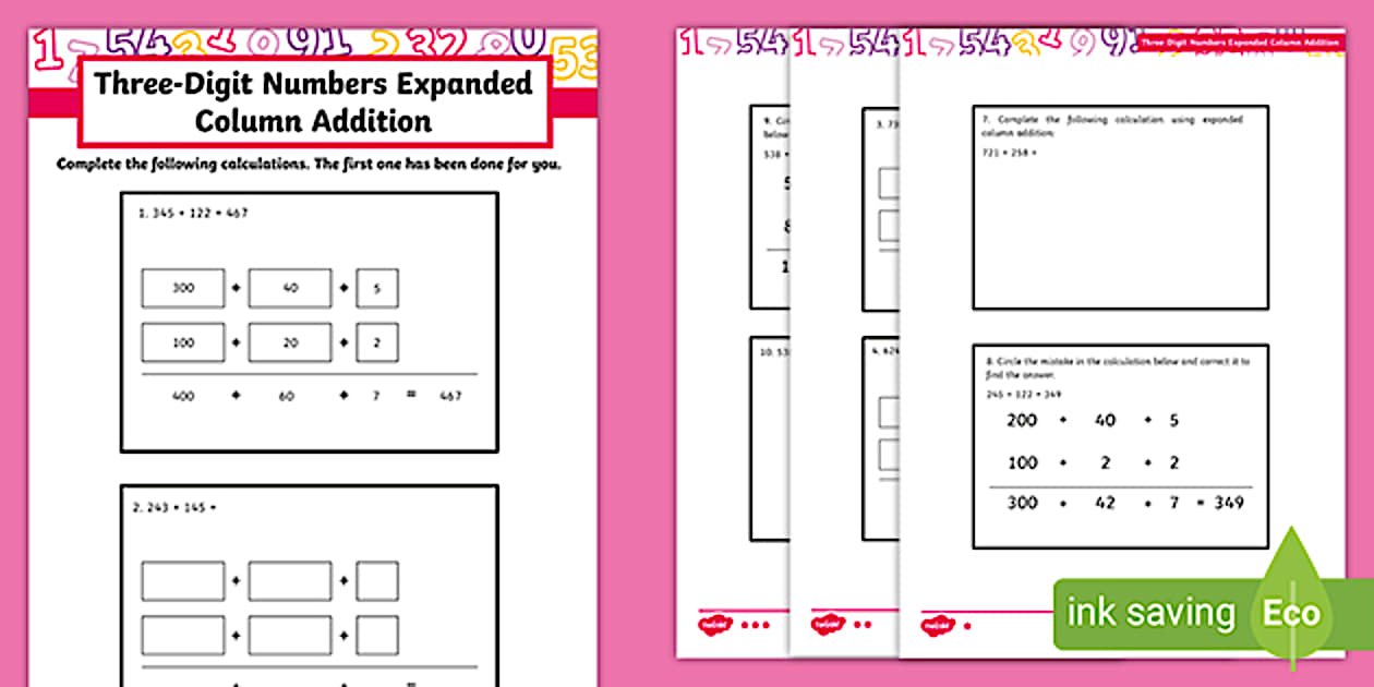 Three-Digit Numbers Expanded Column Addition Worksheets