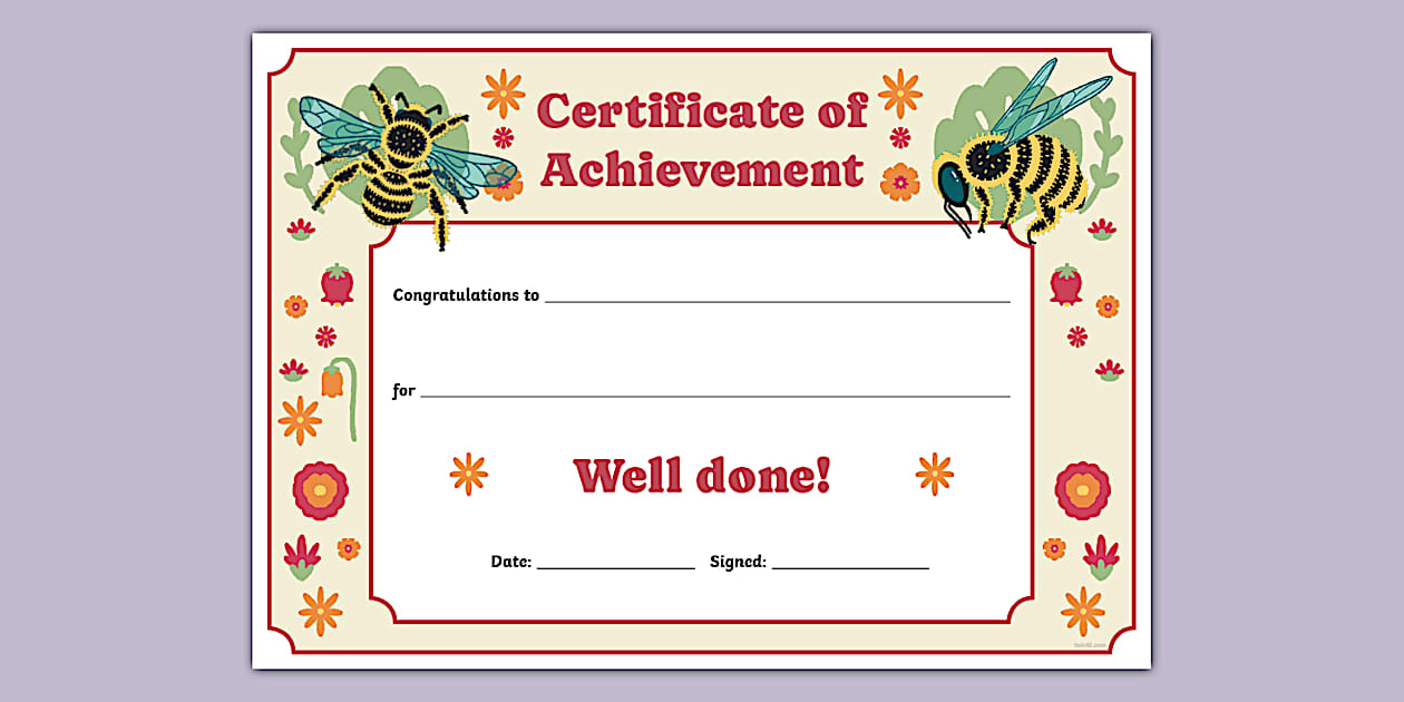Bee-Themed Certificate of Achievement Award